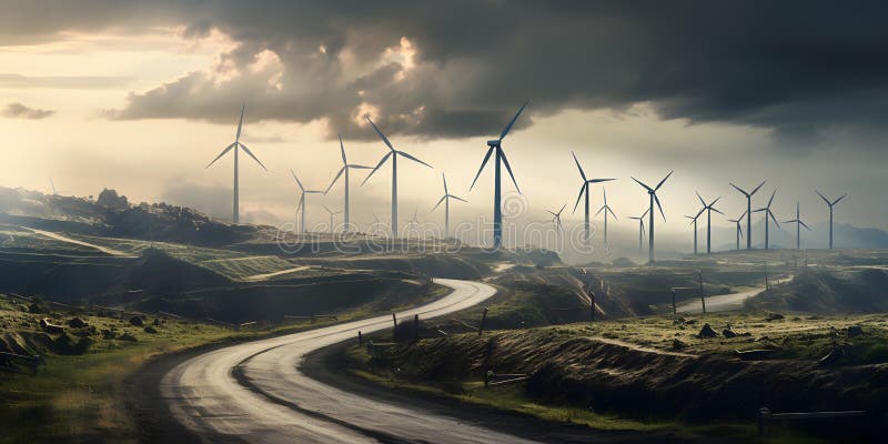In a Remote Landscape we See a Wind Farm that Produces Electricity ...