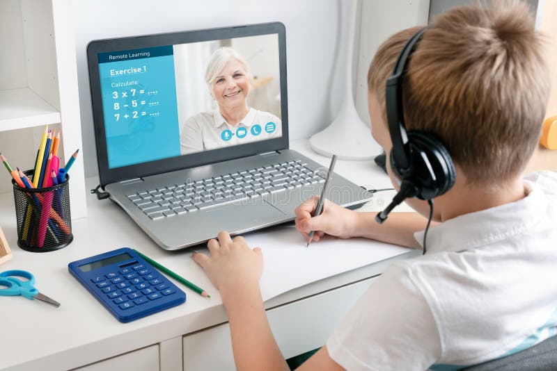 Remote Learning Concept with Boy Using Laptop Stock Photo - Image of ...