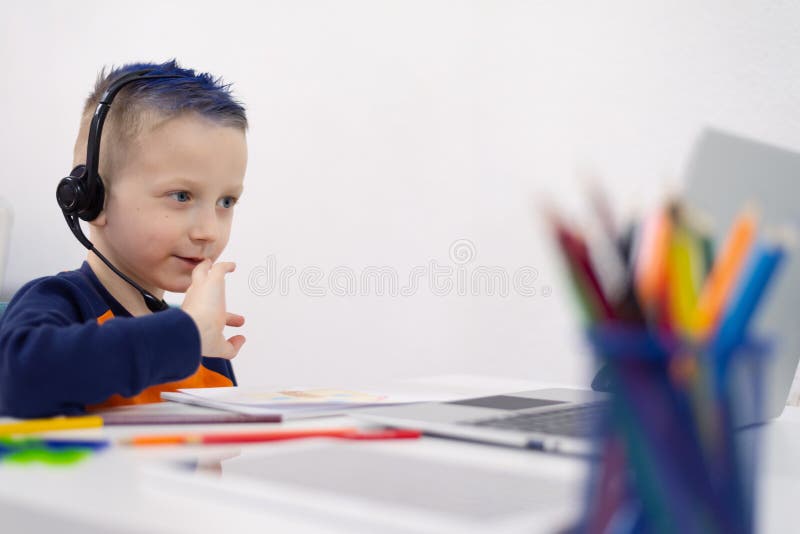 Remote Learning Concept with Boy Using Laptop. Little Boys Attending To ...