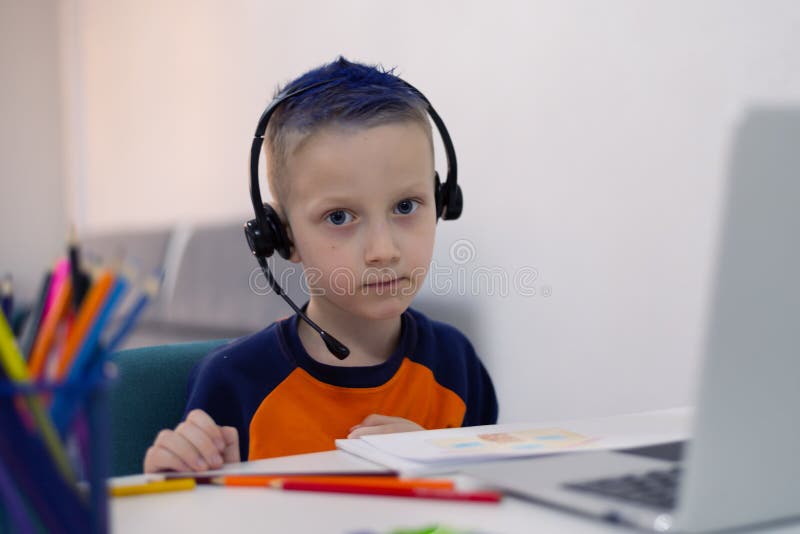 Remote Learning Concept with Boy Using Laptop. Little Boys Attending To ...