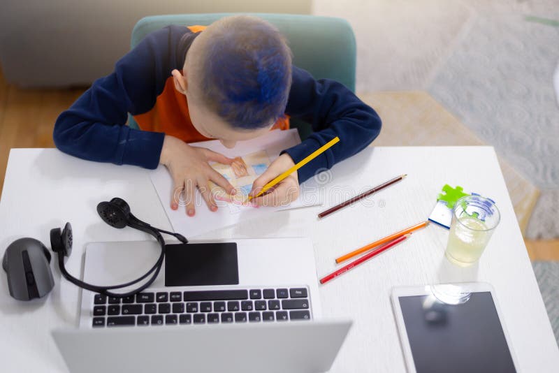 Remote Learning Concept with Boy Using Laptop. Little Boys Attending To ...