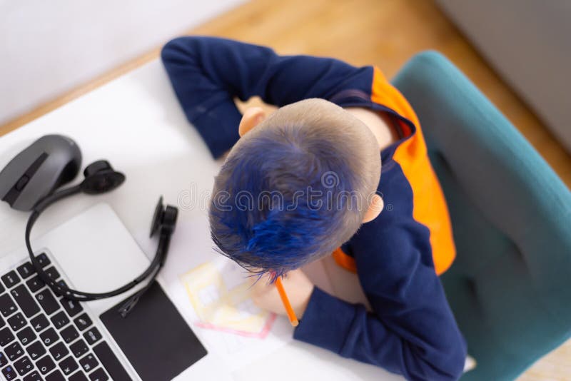 Remote Learning Concept with Boy Using Laptop. Little Boys Attending To ...