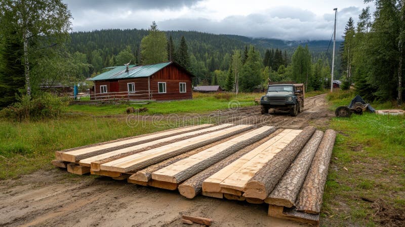 Remote Logging Road Timber Vehicle and Cabin in the Forest Under a ...