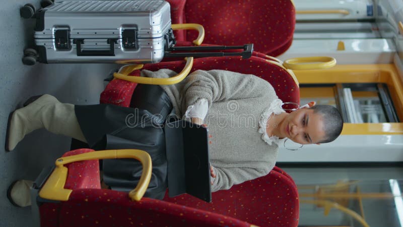 Remote Manager Working Train Waiting Trip Start Woman Touching Tablet