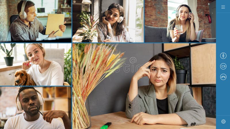 Remote Education. Team Working, Students at Online Lesson, Class Via ...