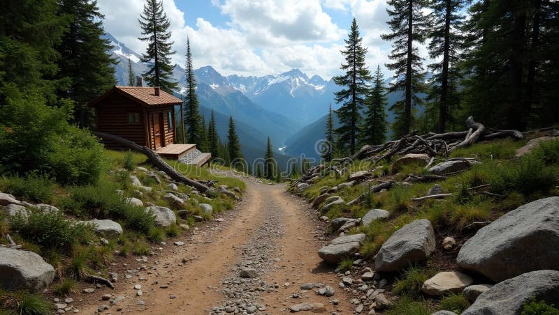 Remote Mountain Cabin Along Rocky Trail Surrounded by Lush Forest and ...