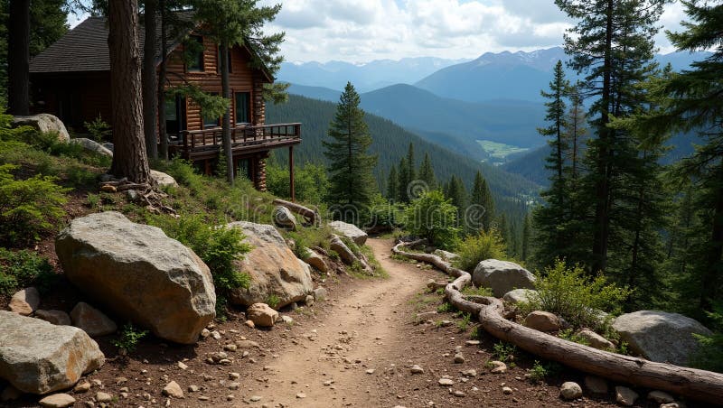 Remote Mountain Cabin Along Rocky Trail Surrounded by Lush Forest and ...