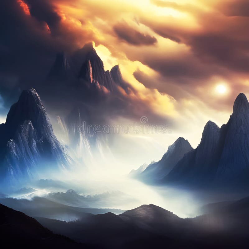 Remote mountain landscape stock illustration. Illustration of epic ...