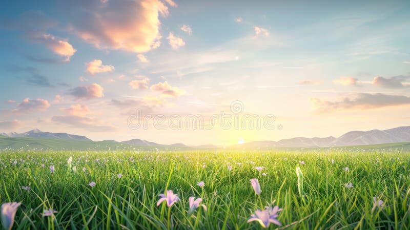 Remote Nature Scene with Colorful Sunset Over Calm Meadow Stock ...