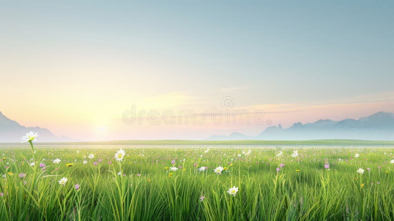 Remote Nature Scene with Colorful Sunset Over Calm Meadow Stock ...
