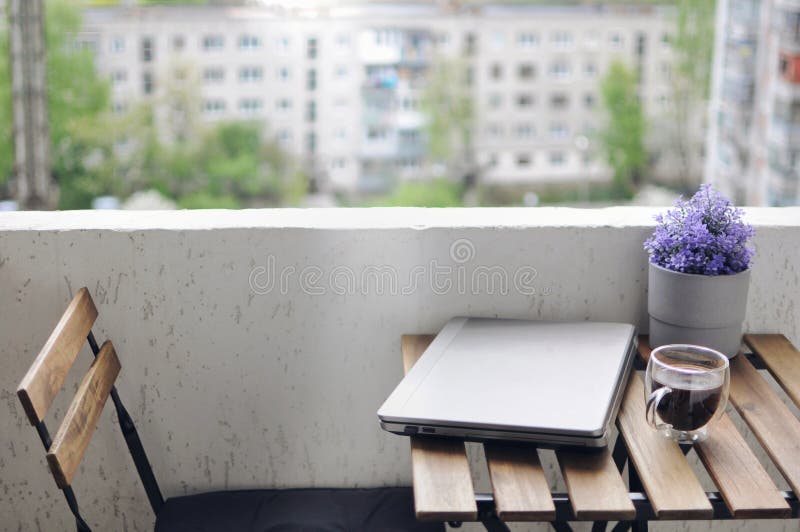 Cozy Work Place at Balcony. Remote Online Education. Morning Routine ...