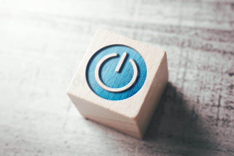 Remote Power Button on a Wooden Block on a Table Stock Image - Image of ...