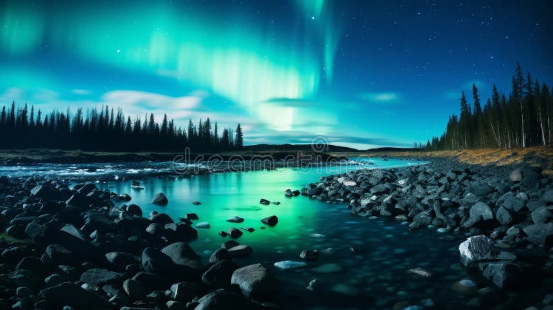 Remote River with Northern Lights and Reflection Stock Illustration ...