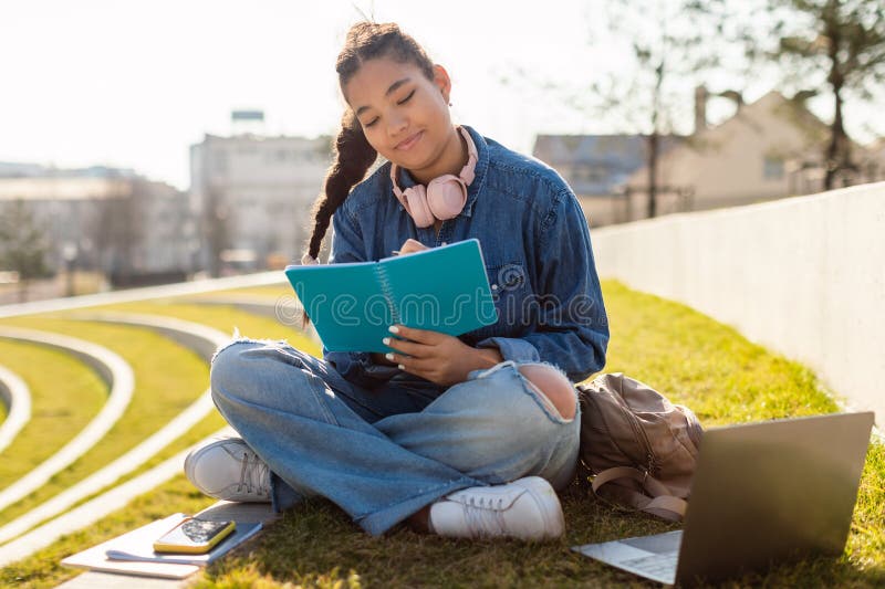 Remote Study Concept. Black Teen Lady with Laptop Preparing for Exam ...