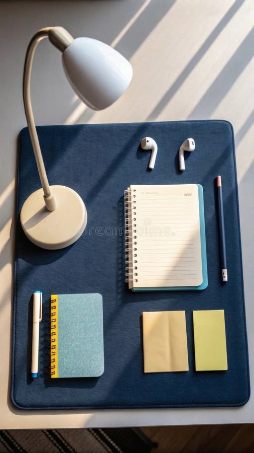 Remote Study Desk Layout with LED Lamp, Notebook, Earphones and Sticky ...