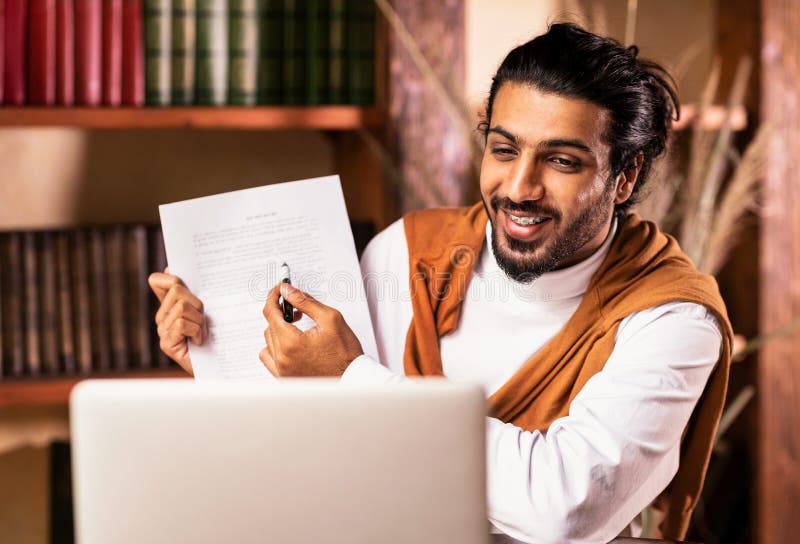 Indian Teacher at Laptop Having Class Teaching Online Sitting Indoors Stock Image - Image of ...
