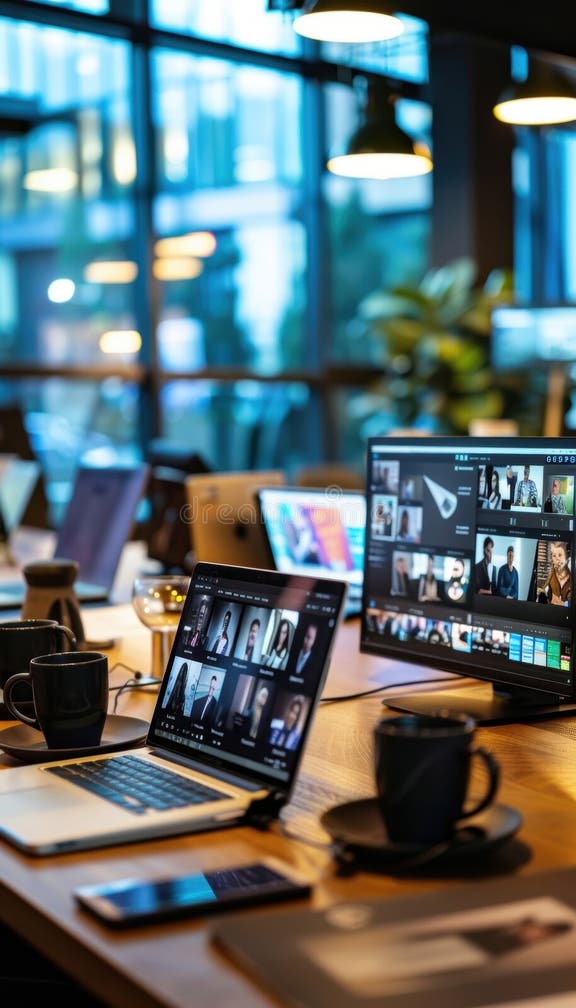 Remote Team Brainstorming Session with Laptops and Coffee Cups in ...