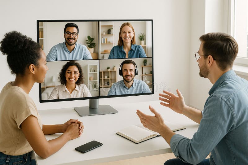 Remote Team Meeting on Large Screen in Clean Workspace Stock ...