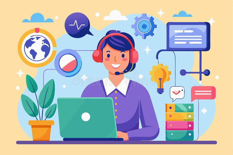 A Remote Technical Support Professional Utilizes a Laptop and Headset ...