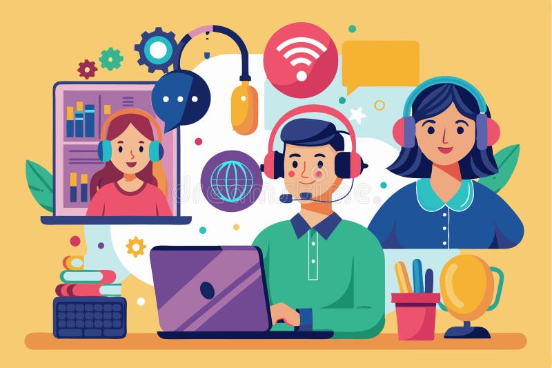 A Remote Technical Support Team Engages with Clients Using Headsets and ...