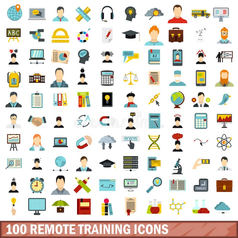 100 Remote Training Icons Set, Flat Style Stock Vector - Illustration ...
