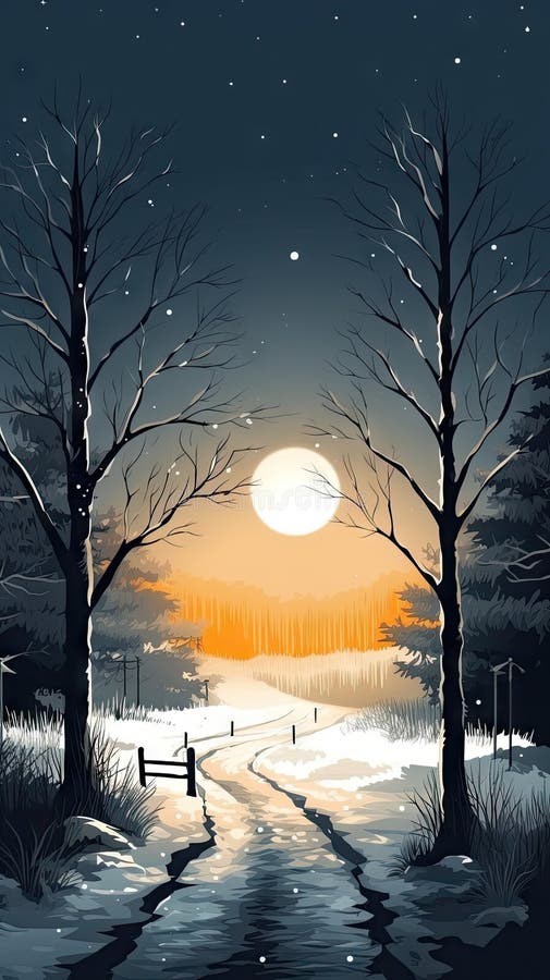 Remote Winter Road at Night: a Minimalist Vector Landscape. Perfect for ...