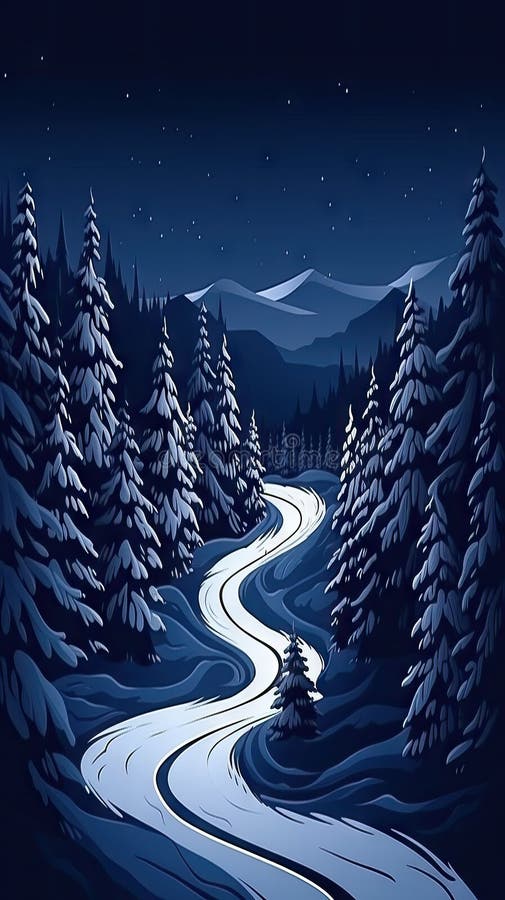 Remote Winter Road at Night: a Minimalist Vector Landscape. Perfect for ...