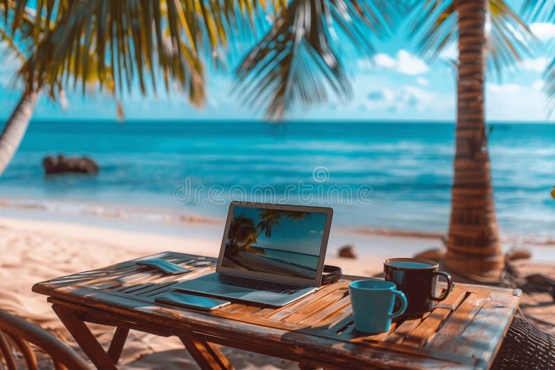 Remote Work on the Beach. Remote Comfortable Work.Freelance on the ...