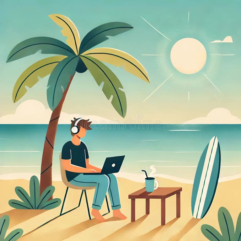 Remote Work on the Beach stock illustration. Illustration of life ...