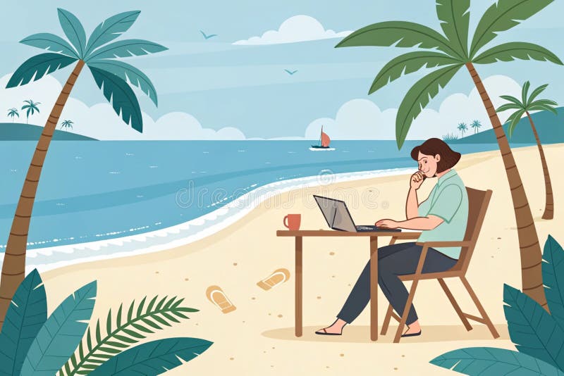 Remote Work on the Beach Under Palm Trees, Flat Ilustration Design ...
