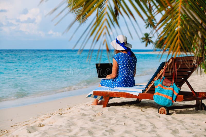 Remote Work Cocept -woman with Laptop on Beach Stock Image - Image of ...