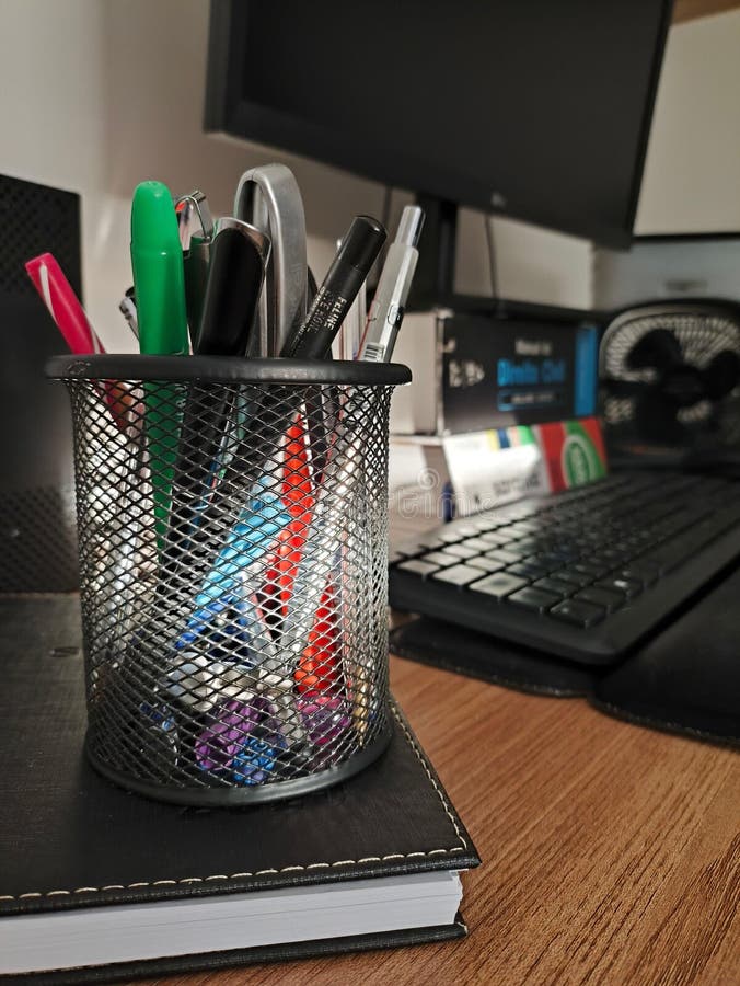 Remote Work, Computer Calendar Pens on the Table Stock Image - Image of ...