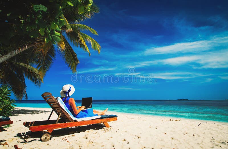 Remote Work Concept -young Woman with Laptop on Beach Stock Image ...