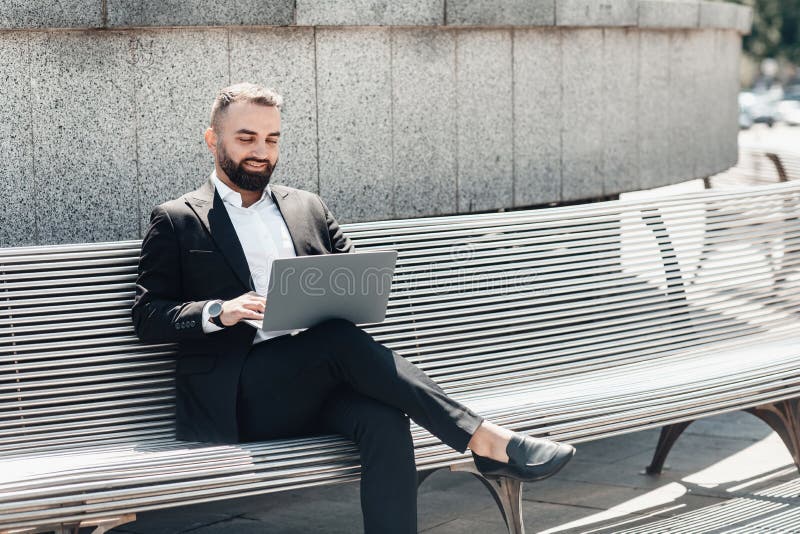 Remote Work during Covid-19 Lockdown Outdoors. Confident Mature ...