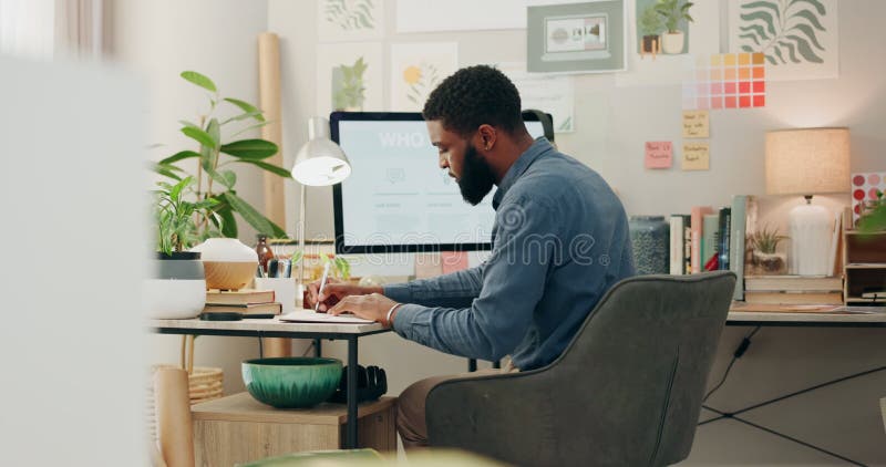 Remote Work, Desk and a Black Man with a Notebook for Planning of ...