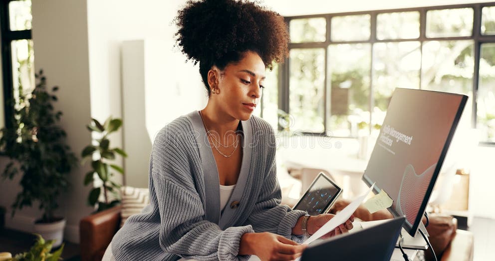 Remote Work, Document and Tech with Woman in Home Office for Virtual ...