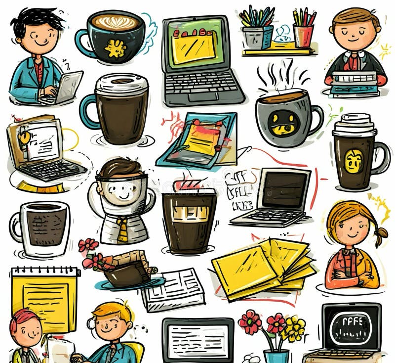 Remote Work Essentials: Hand-Drawn Coffee and Laptop Icons Stock ...