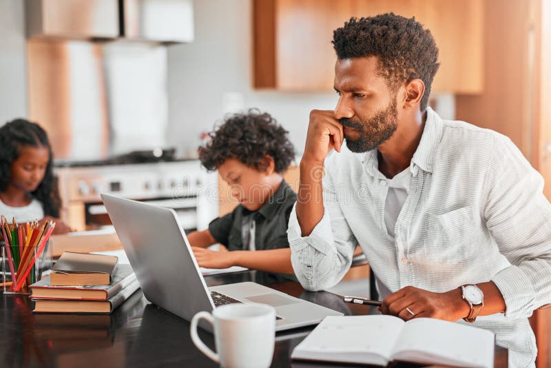 Remote Work, Family and Man Reading on Laptop for Email, Solution or ...