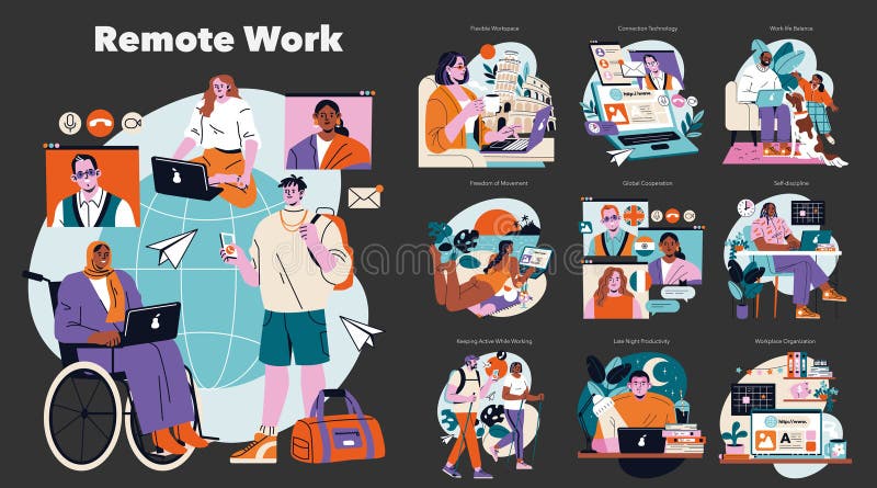 Remote Work. Flat Vector Illustration Stock Vector - Illustration of ...