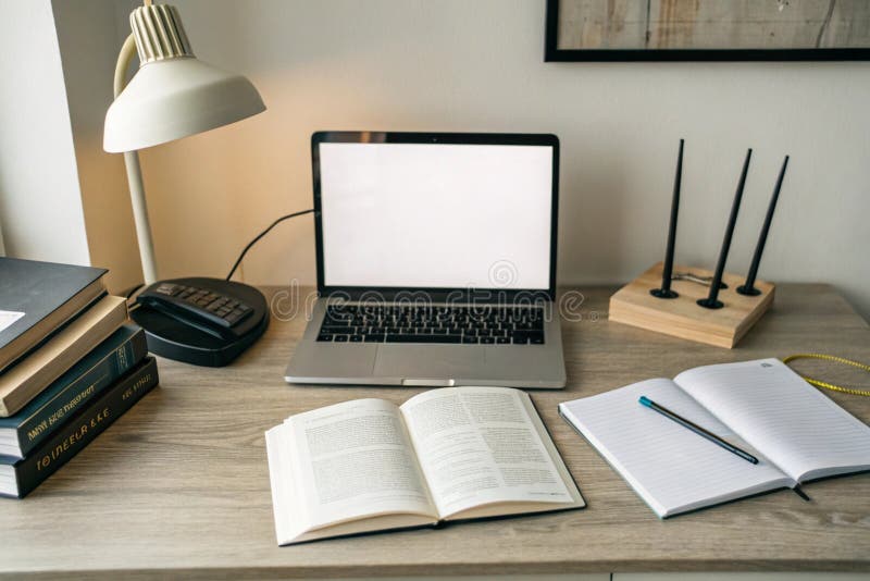 Remote Work at Home Office with Laptop and Study Essentials Stock Illustration - Illustration of ...