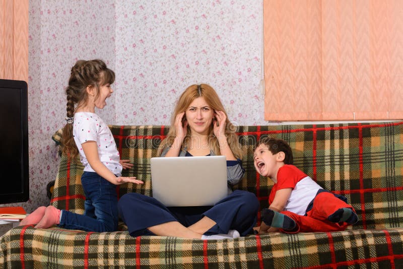 Remote Work from Home. Young Mom in Shock Working on Computer with ...