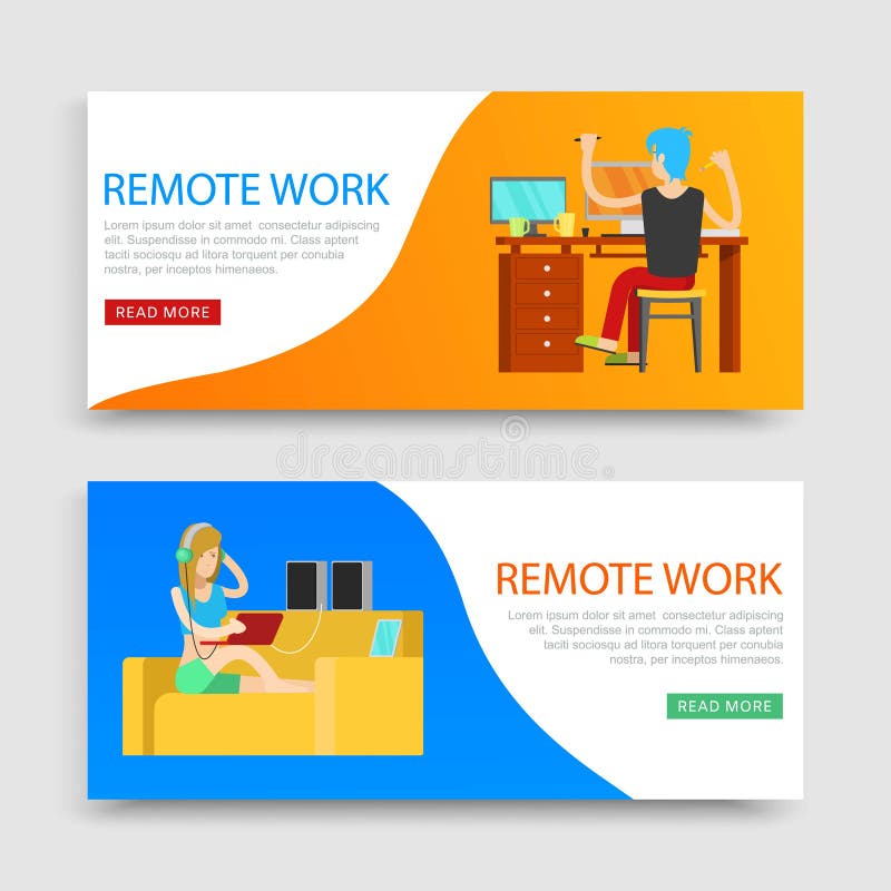 Remote Work Inscription on Set Banners, Workplace, Work through ...