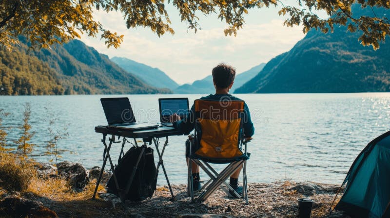 Remote Work by the Lakeside with Laptops Stock Image - Image of ...