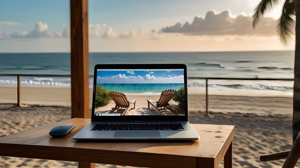 Remote Work with a Laptop and Beach View in the Background Stock ...