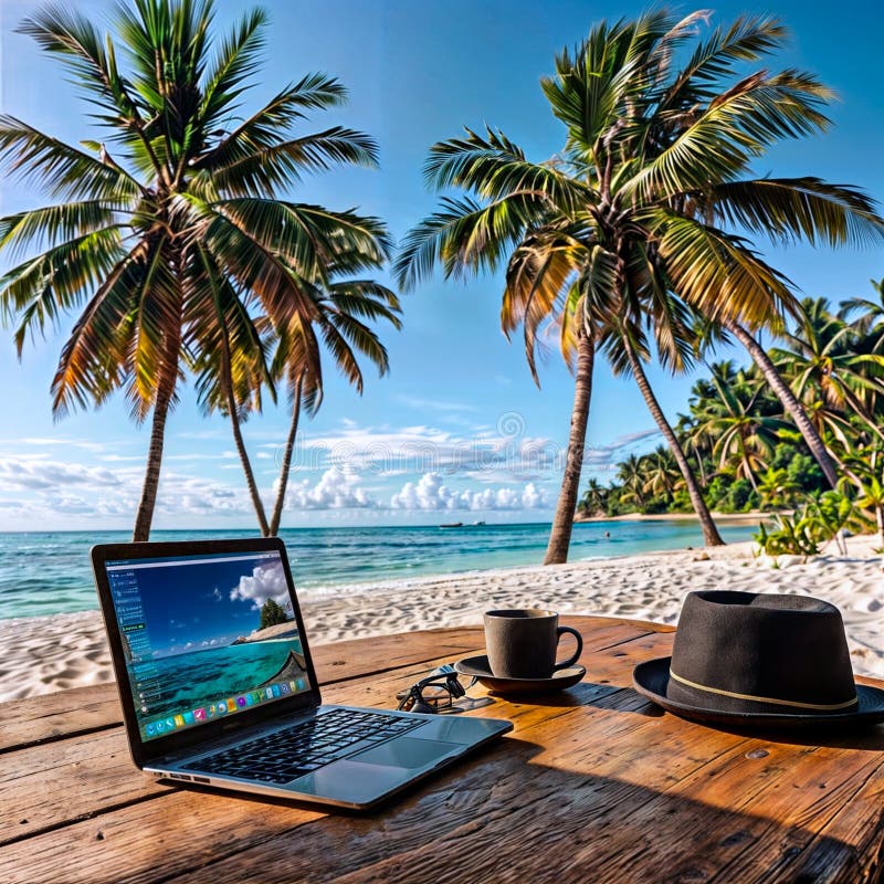 Remote Work Lifestyle – Laptop and Coffee Under Palm Trees Stock Image ...