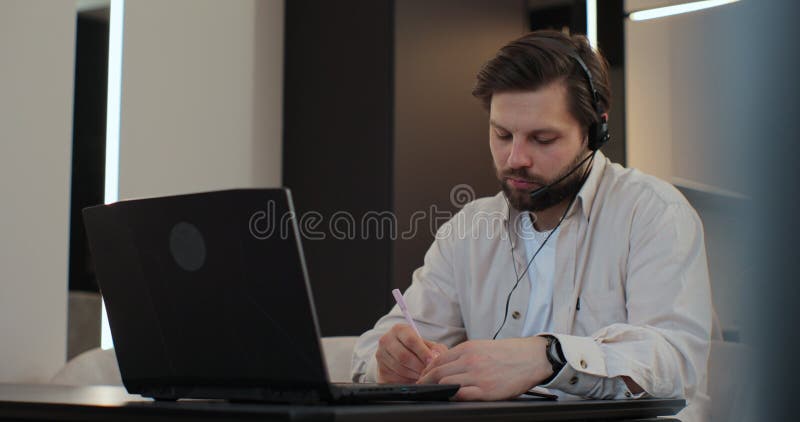 Remote Work Man at Desk with Computer, Typing and Conversation for ...