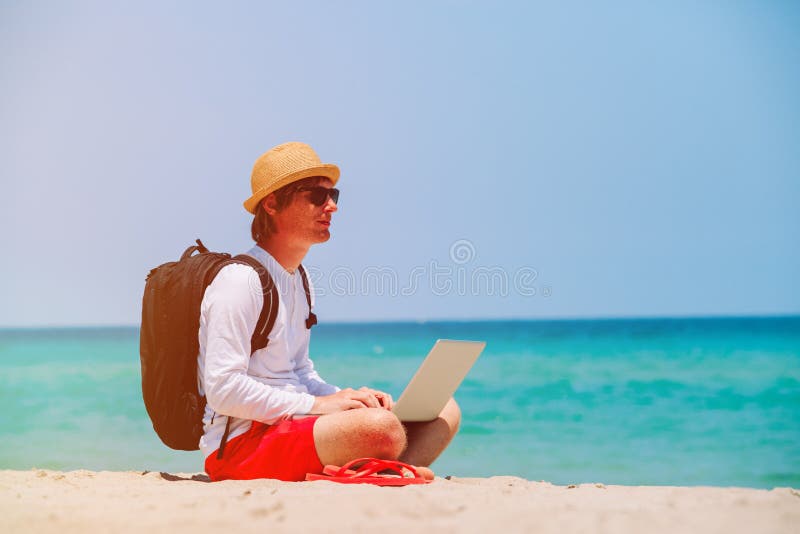 Remote Work -man with Laptop on Beach Stock Image - Image of lifestyle ...