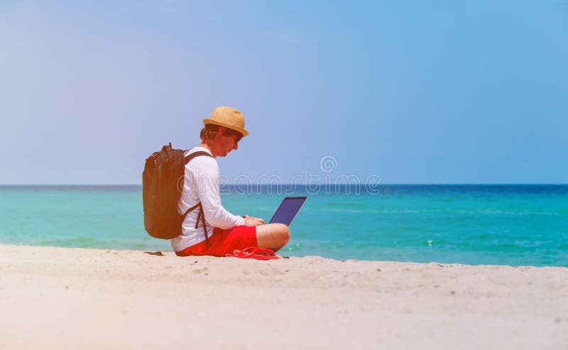 Remote Work -man with Laptop on Beach Stock Image - Image of island ...