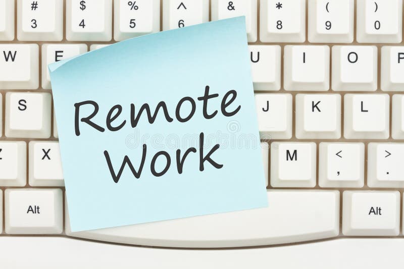 Remote Work Message on a Blue Sticky Note on a Gray Computer Keyboard ...