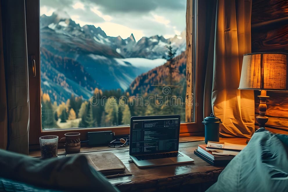 Remote Work in Mountain Scenery, Coding by a Panoramic Window with ...